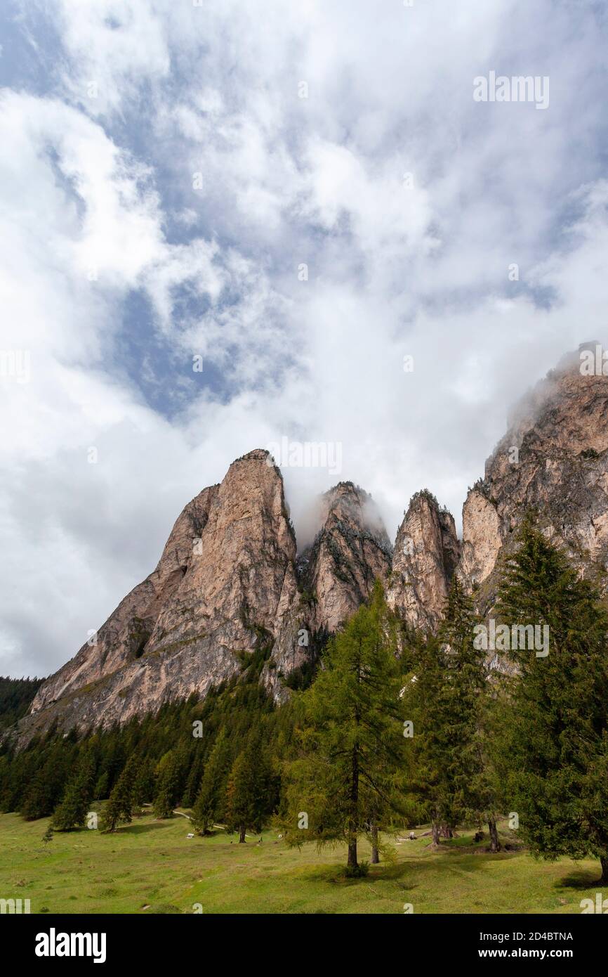 Mountain peaks in the Puez Group of the Vallunga valley, near Selva ...