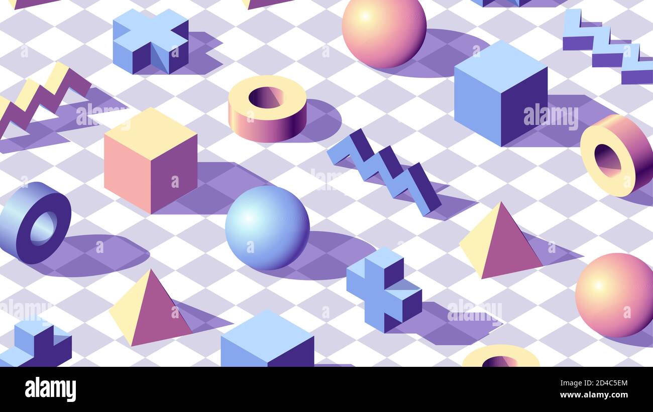 Abstract background with isometric 3D shapes on checkered floor ...