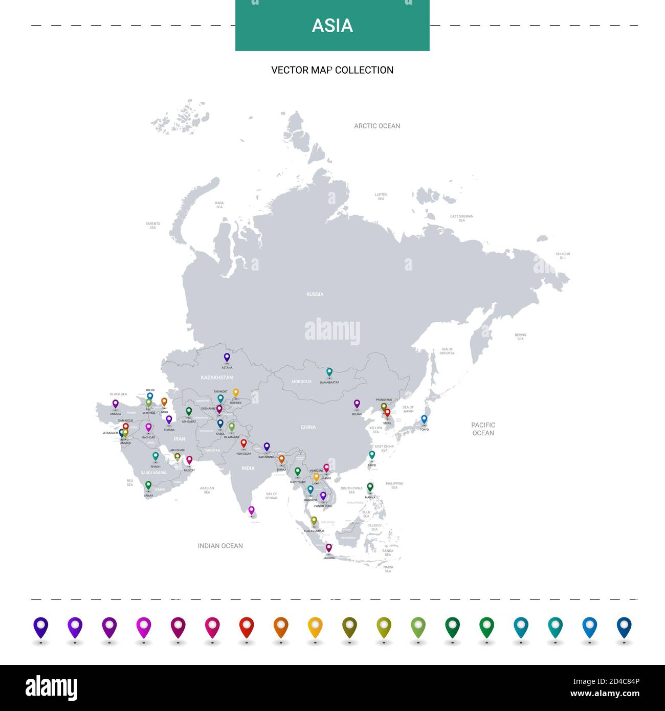 Asia map with location pointer marks. Infographic vector template ...