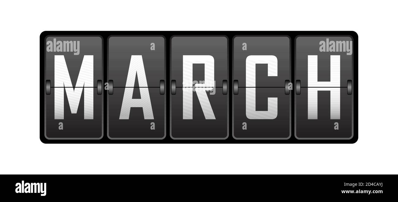 March. Name of the month on the cells of the mechanical tableau. Vector ...