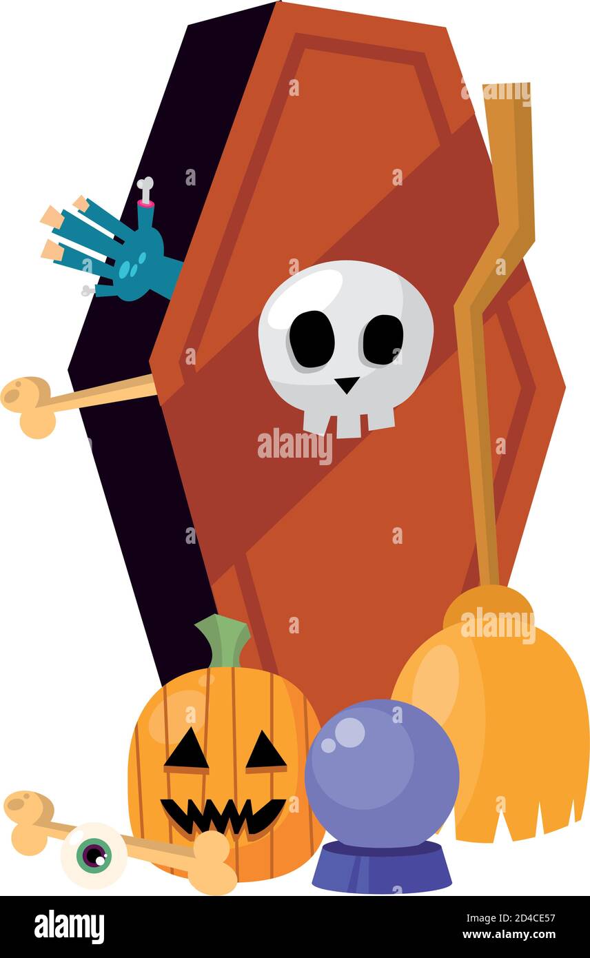 halloween coffin with skull pumpkin sphere and broom design, happy ...