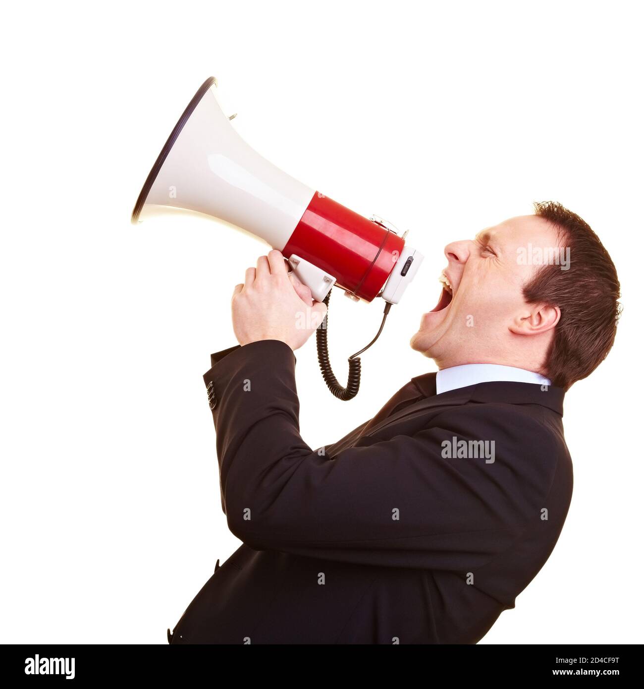 Businessman in a suit screaming in a megaphone Stock Photo - Alamy