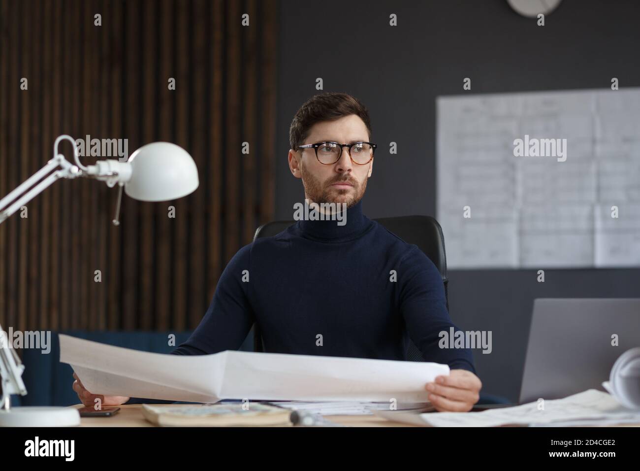 Architect Working In Office With Blueprintsengineer Inspect Architectural Plan Sketching A