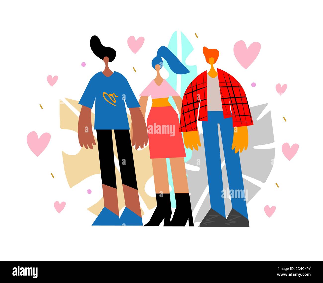 Polyamorous polygamous family. Two men and one woman hugging each other ...