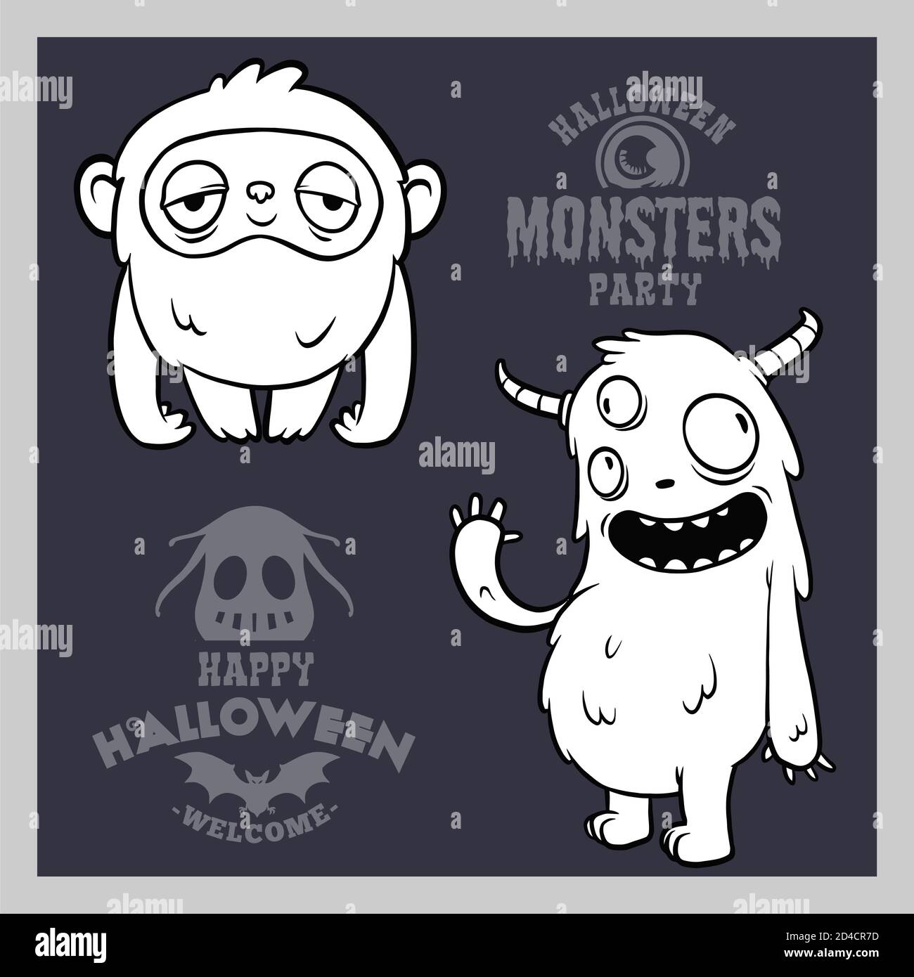 Set of cartoon monsters for Halloween. A collection of black ...