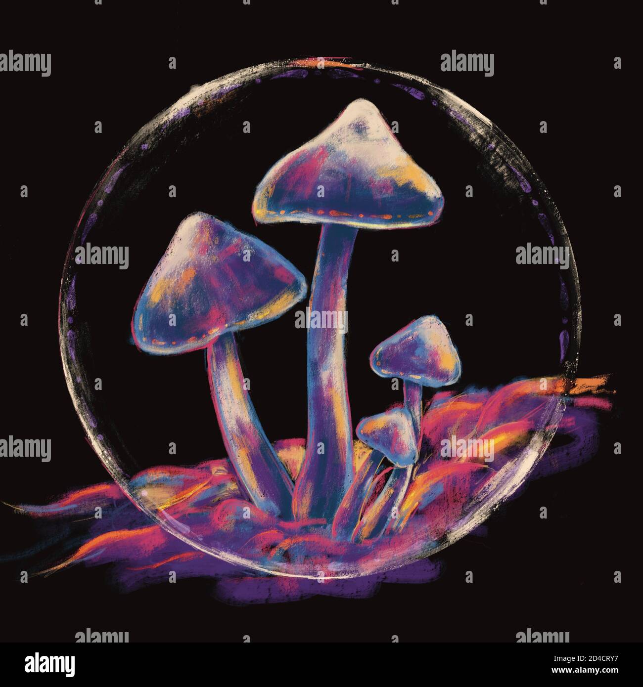 Fantastic illustration of crystal, glasses, magic mushrooms in bubble ...