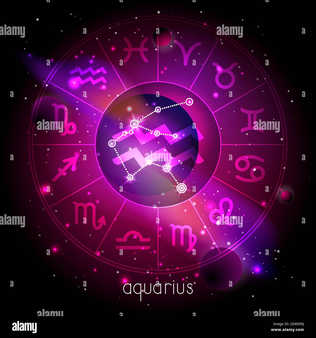 Vector illustration of sign and constellation AQUARIUS with Horoscope ...