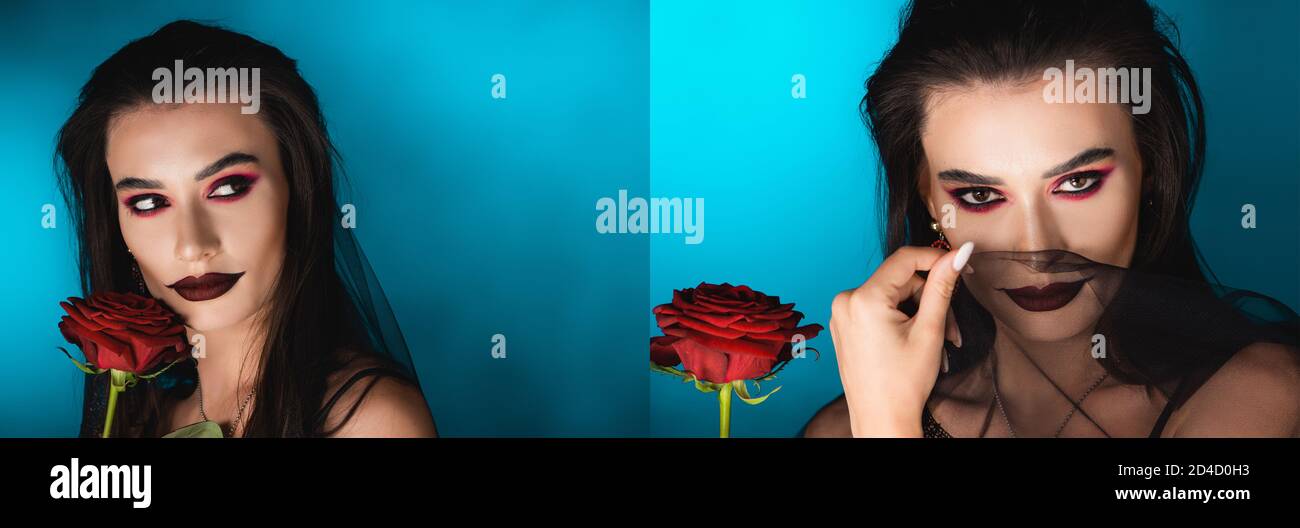 collage of evil woman with black makeup and dark veil near rose on blue ...