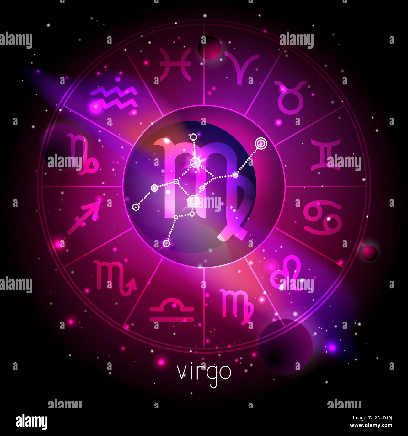 Vector illustration of sign and constellation VIRGO with Horoscope ...