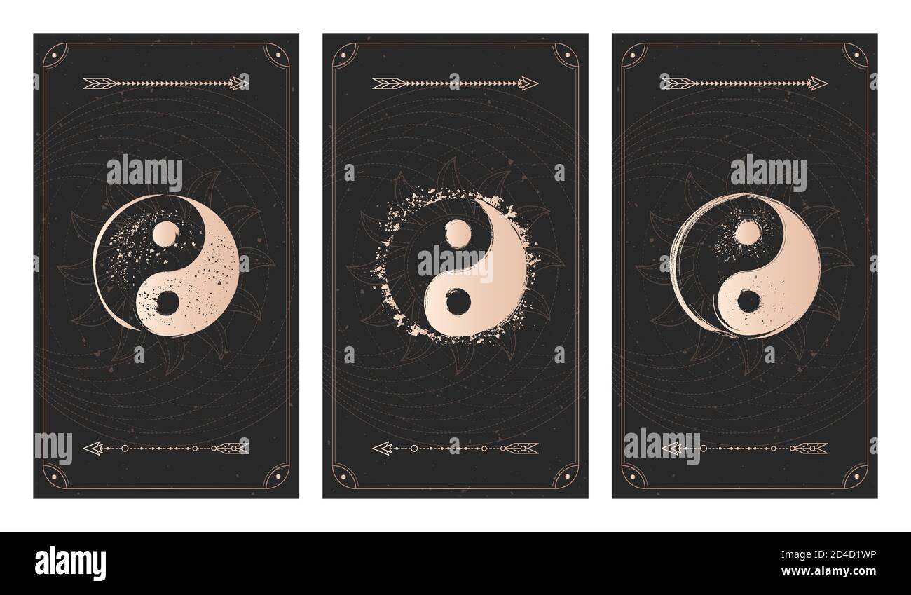 Vector set of three yin yang signs on dark backgrounds with geometric ...