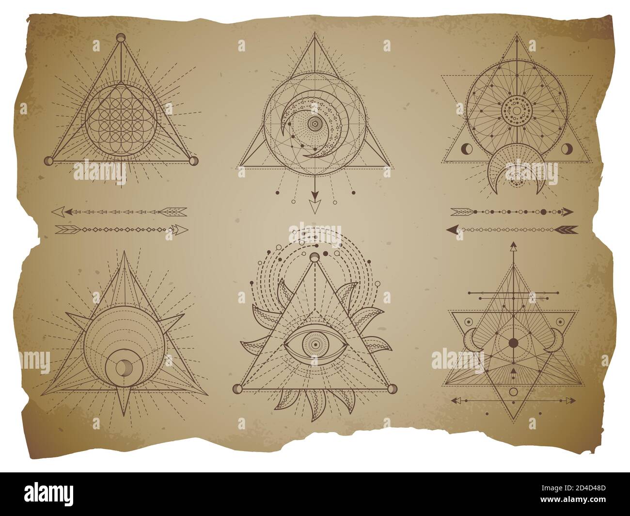 Vector set of Sacred triangle symbols and mystic figures on old paper ...