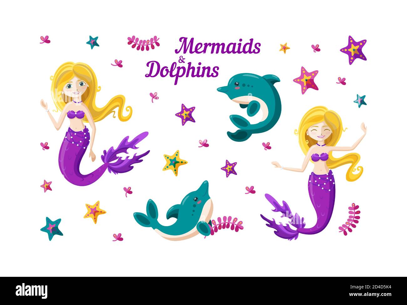 Mermaid, dolphins, seaweed and colorful starfish in big set. Happy ...