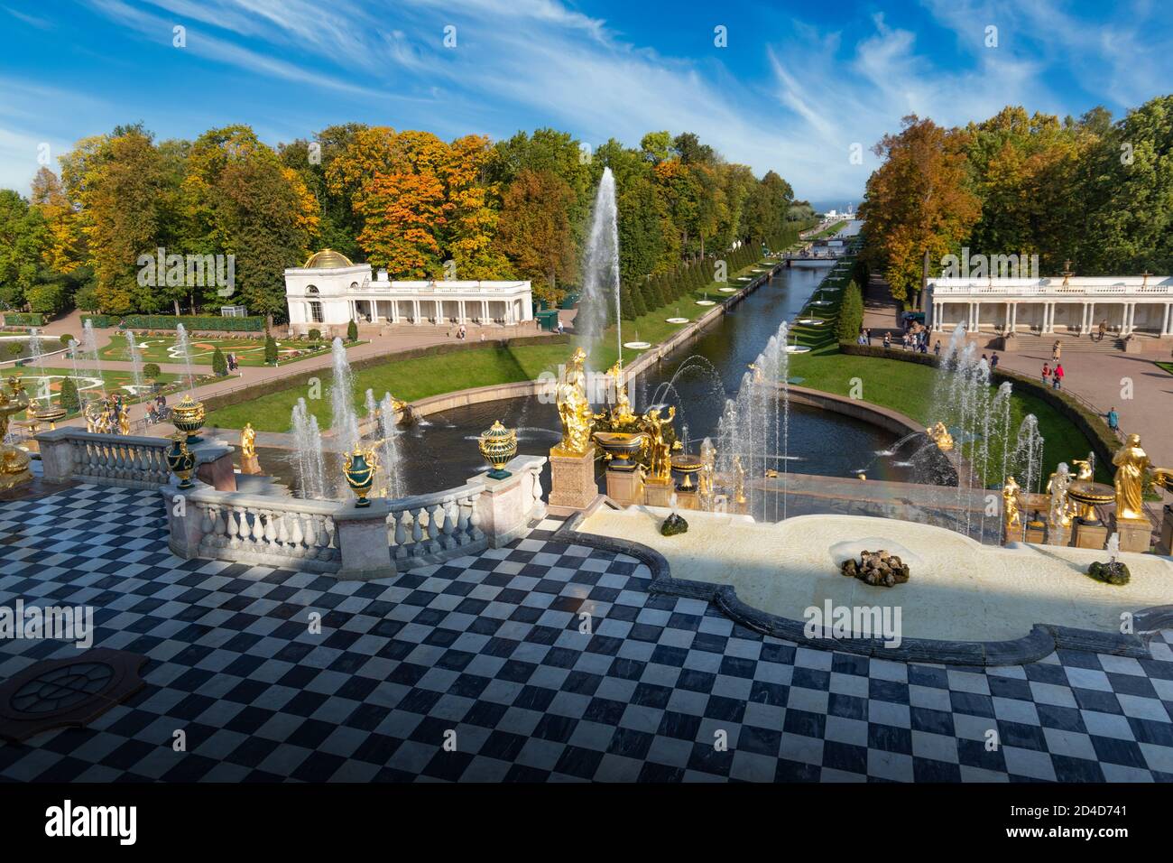 The Peterhof Palace and Gardens complex. A UNESCO World Heritage Site ...