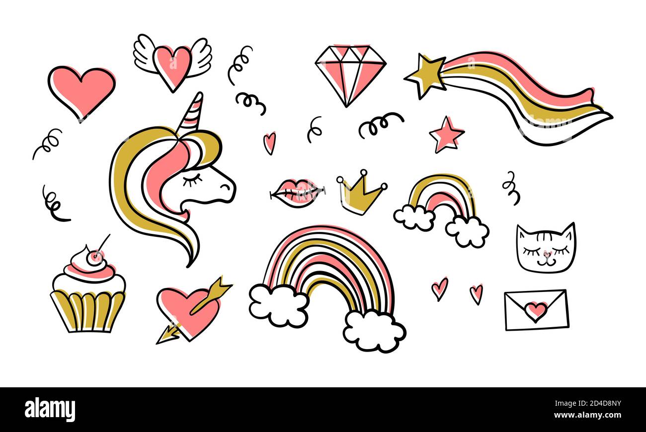 Set of girly fashion doodles isolated on white background. Cute hand ...