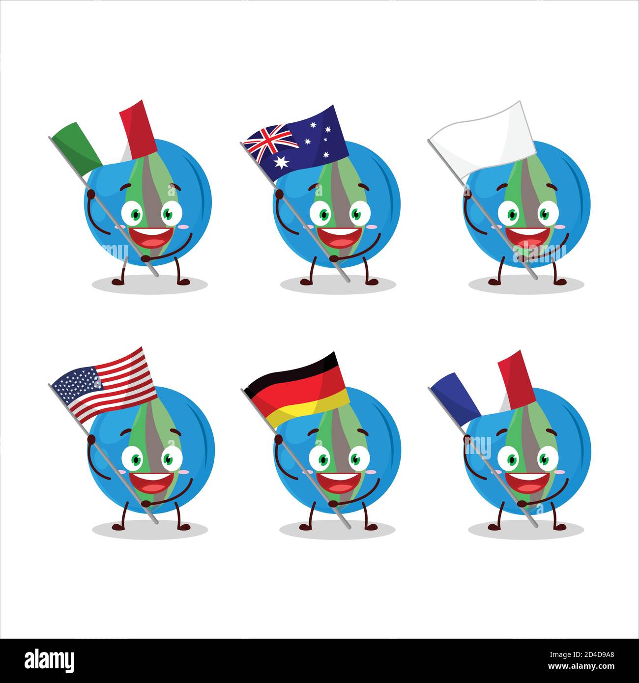 Blue marbles cartoon character bring the flags of various countries ...