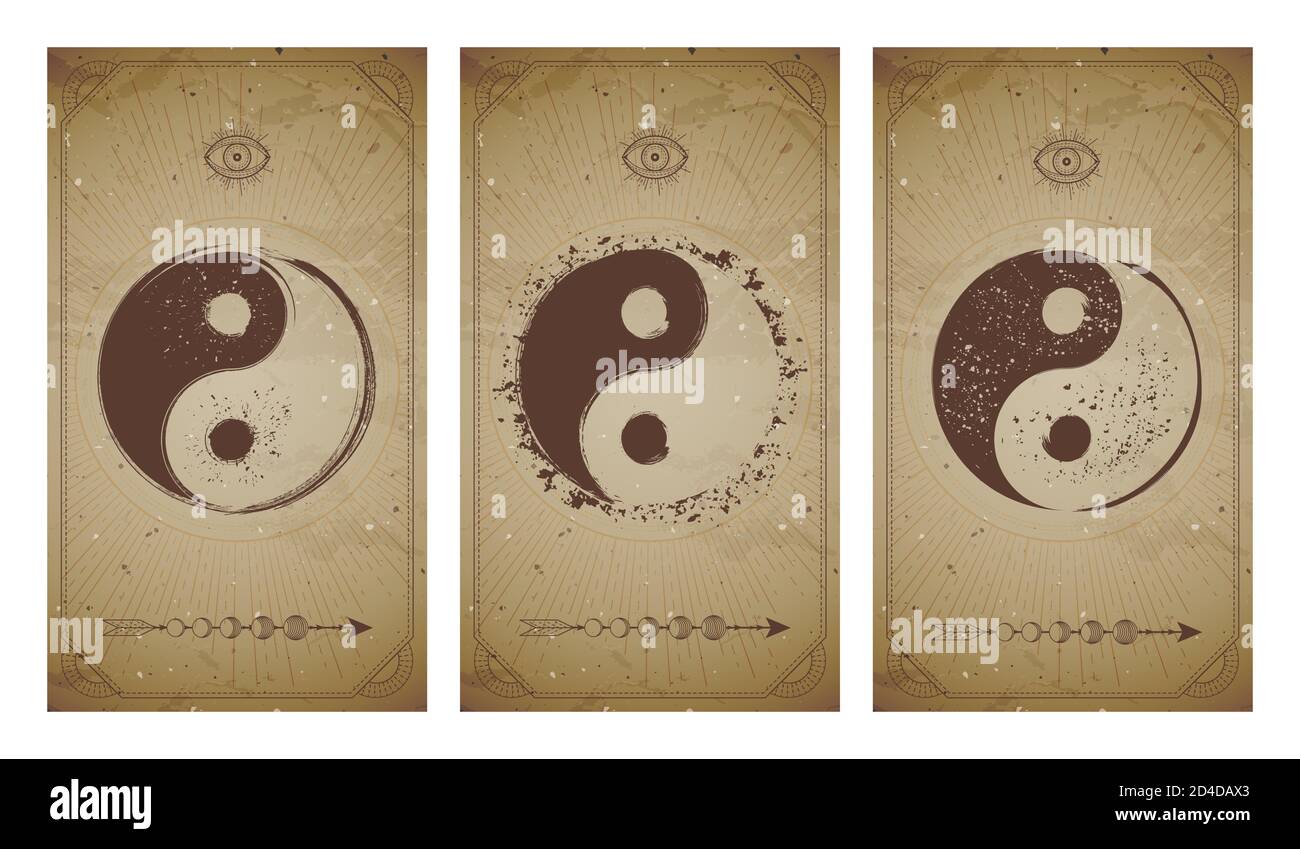 Vector set of three yin yang signs on vintage backgrounds with shape ...