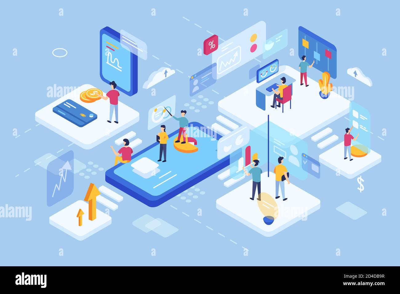 3d isometric view of virtual work with displays and graphs Stock Vector ...