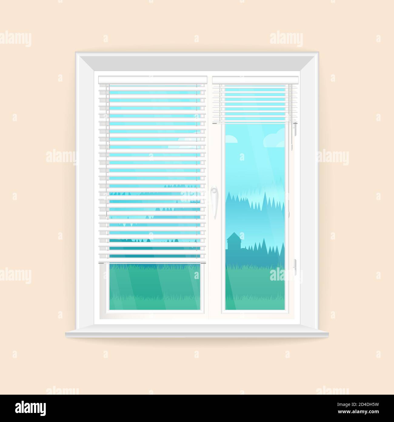 Illustration with window in realistic style and the rustic landscape ...