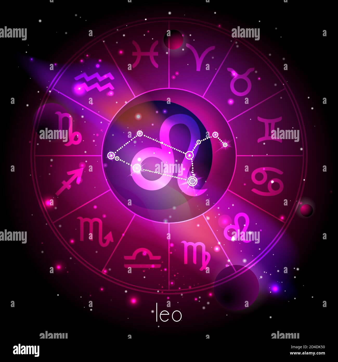 Vector illustration of sign and constellation LEO with Horoscope circle ...