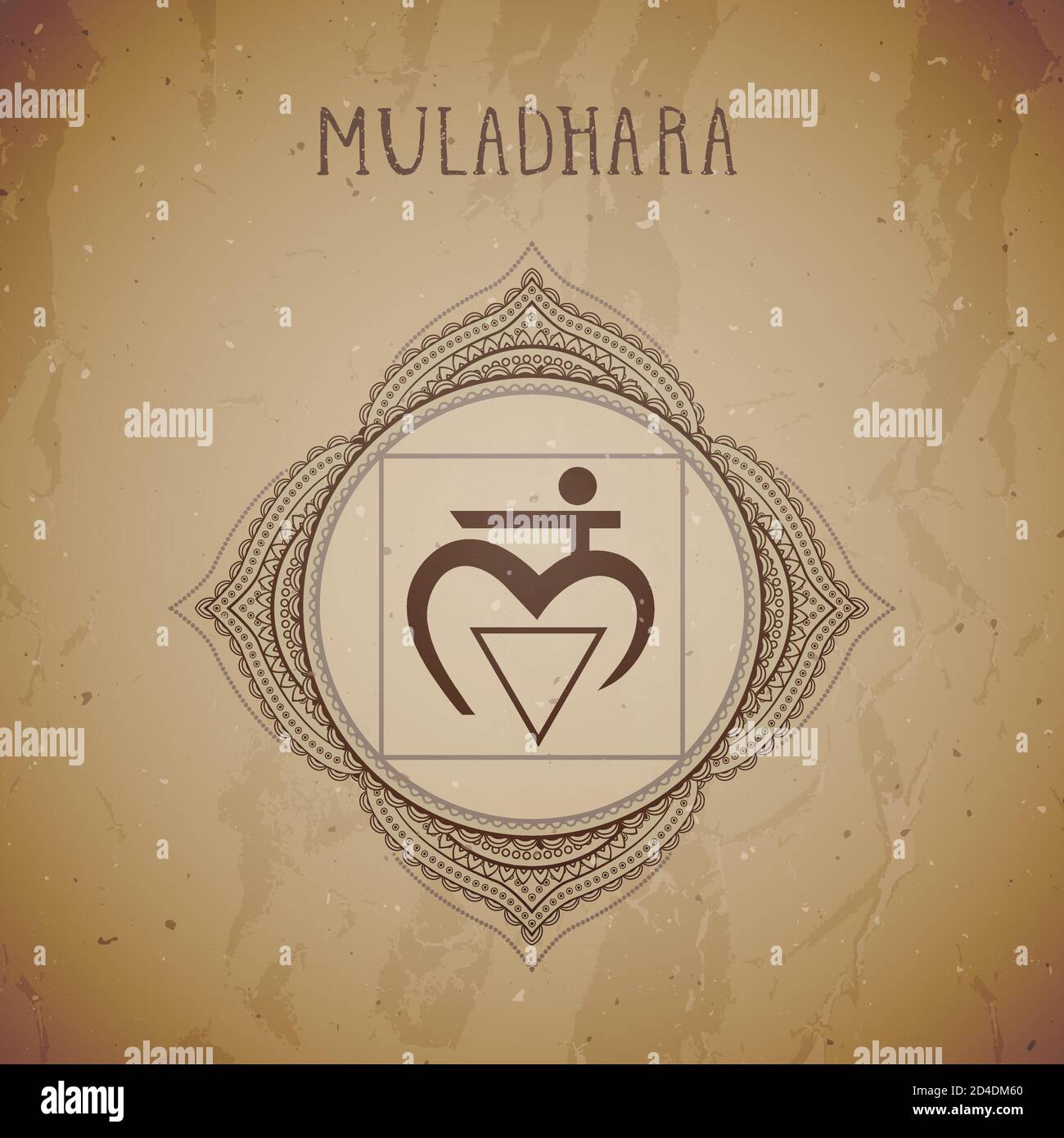 Vector illustration with symbol chakra Muladhara on grunge background. Circle mandala pattern ...