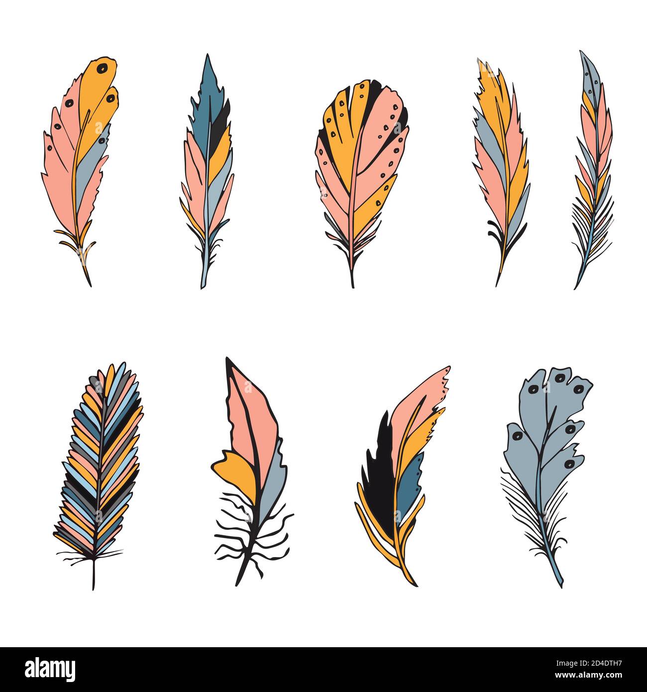 Colorful detailed bird feathers set. Hand drawn editable elements ...