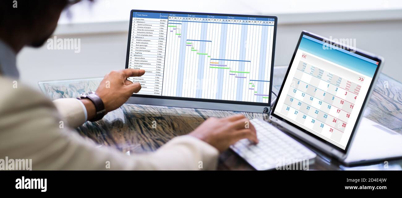 Gantt Schedule Plan On Laptop Screen In Office Stock Photo - Alamy