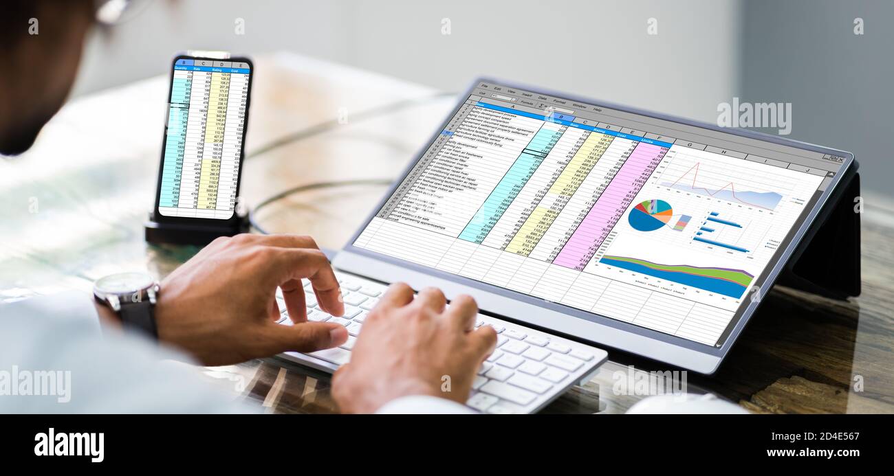 Analyst Employee Using Spreadsheet Software On Phone With External ...