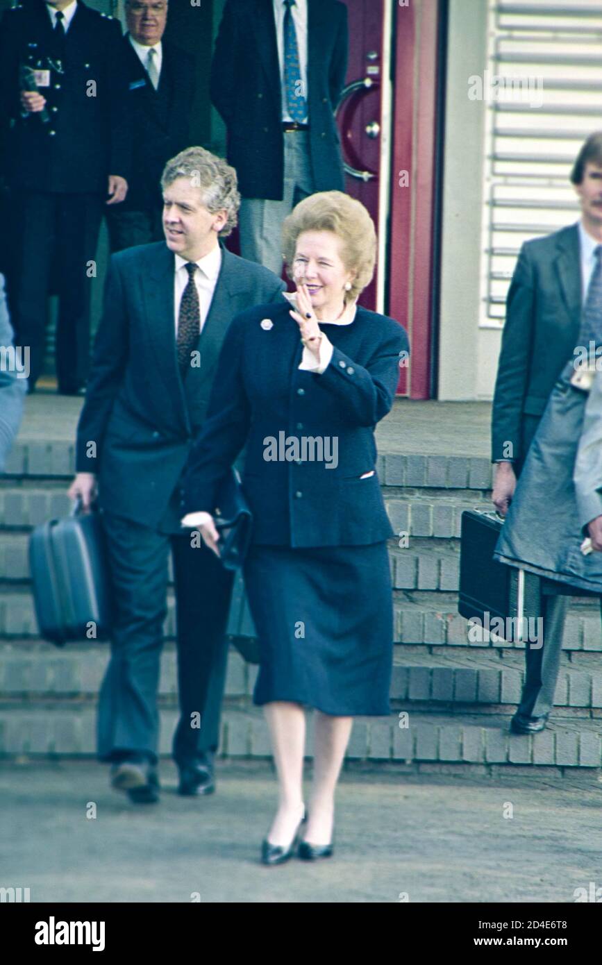 Prime Minister Margaret Thatcher departing London Heathrow Airport ...