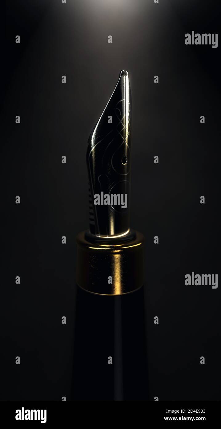 A closeup view of the tip of an ornate modern fountain pen crafted with ...
