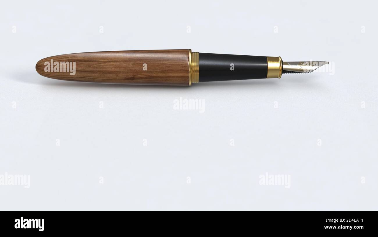 A closeup view of an ornate modern fountain pen crafted with wood and ...
