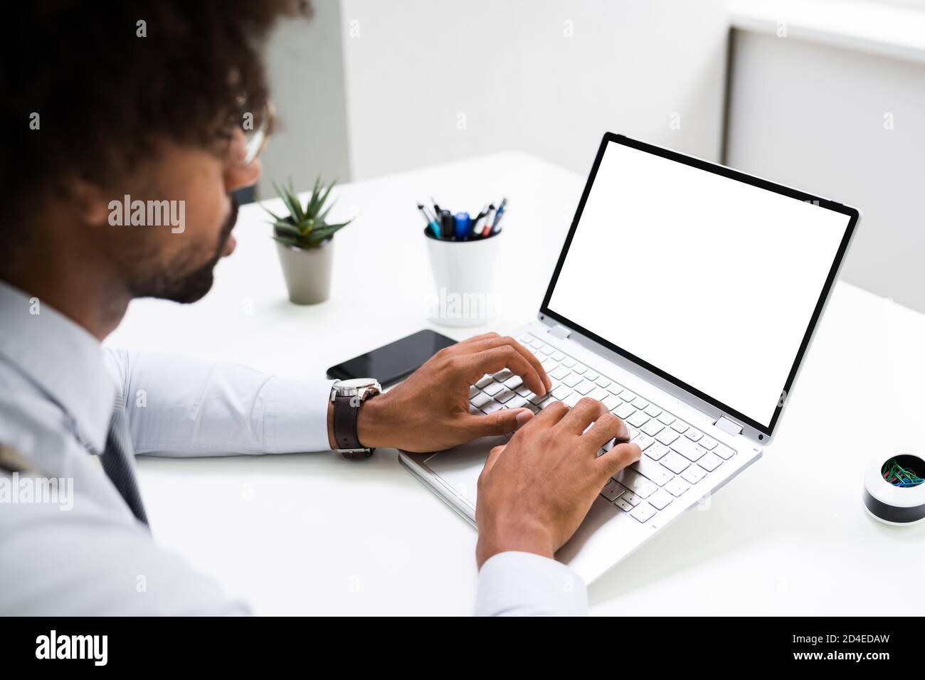 African American Hand Working On Laptop Computer At Business Desk Stock ...