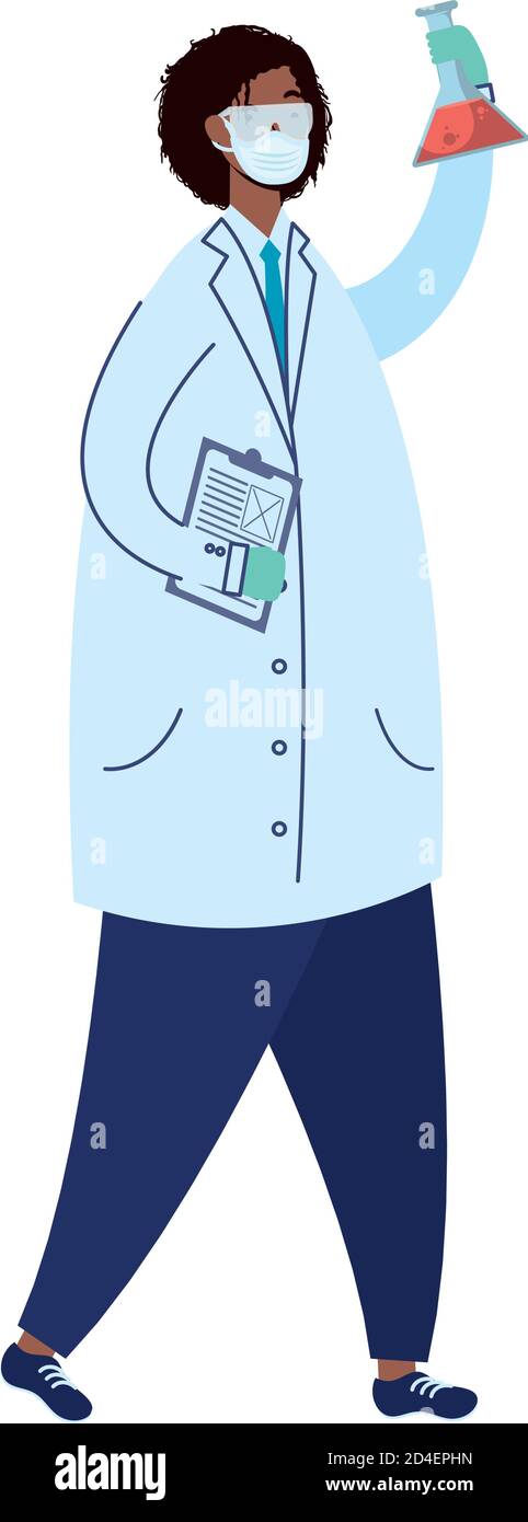 afro female doctor wearing medical mask with tube test flask laboratory ...