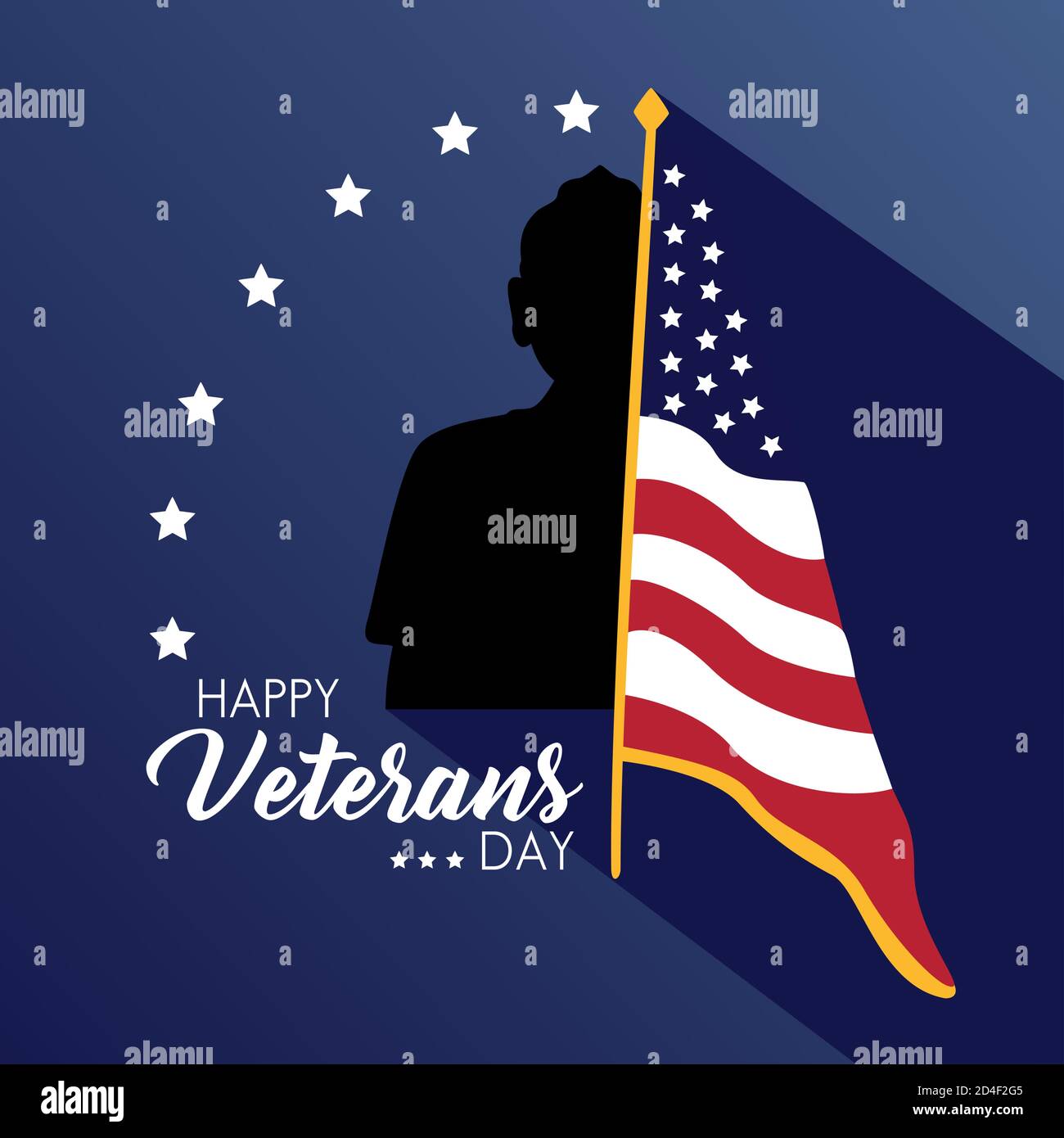 happy veterans day lettering with usa flag and soldier silhouette ...