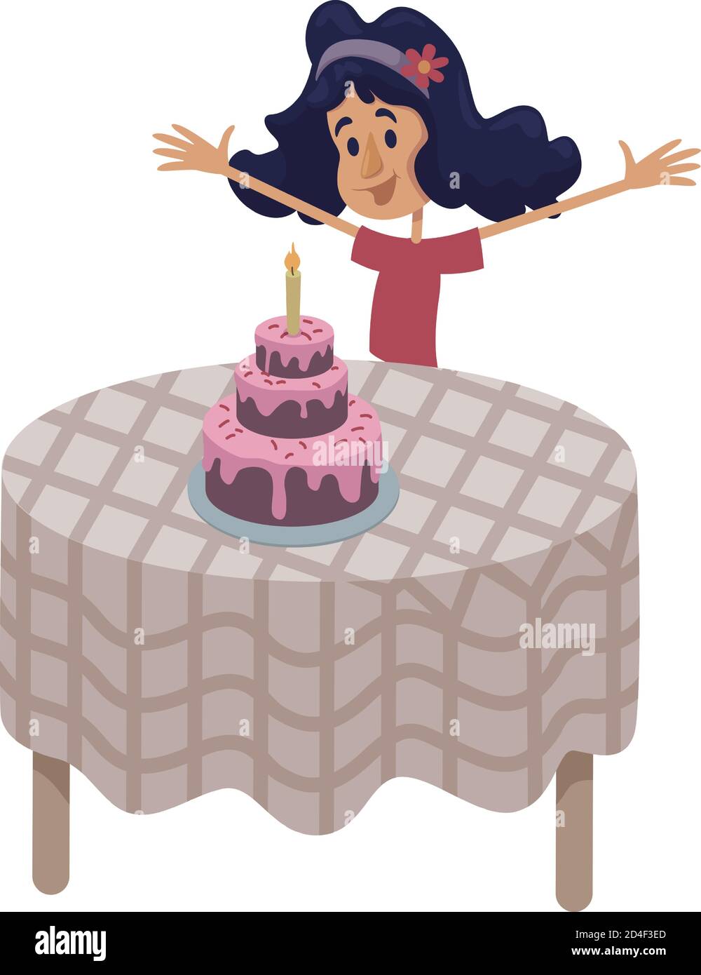 Little girl at table with birthday cake flat cartoon vector ...