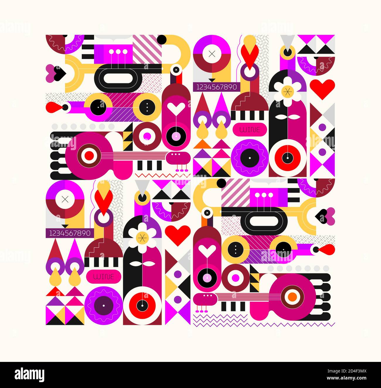 Abstract art design of wine bottles and music instruments isolated on a ...