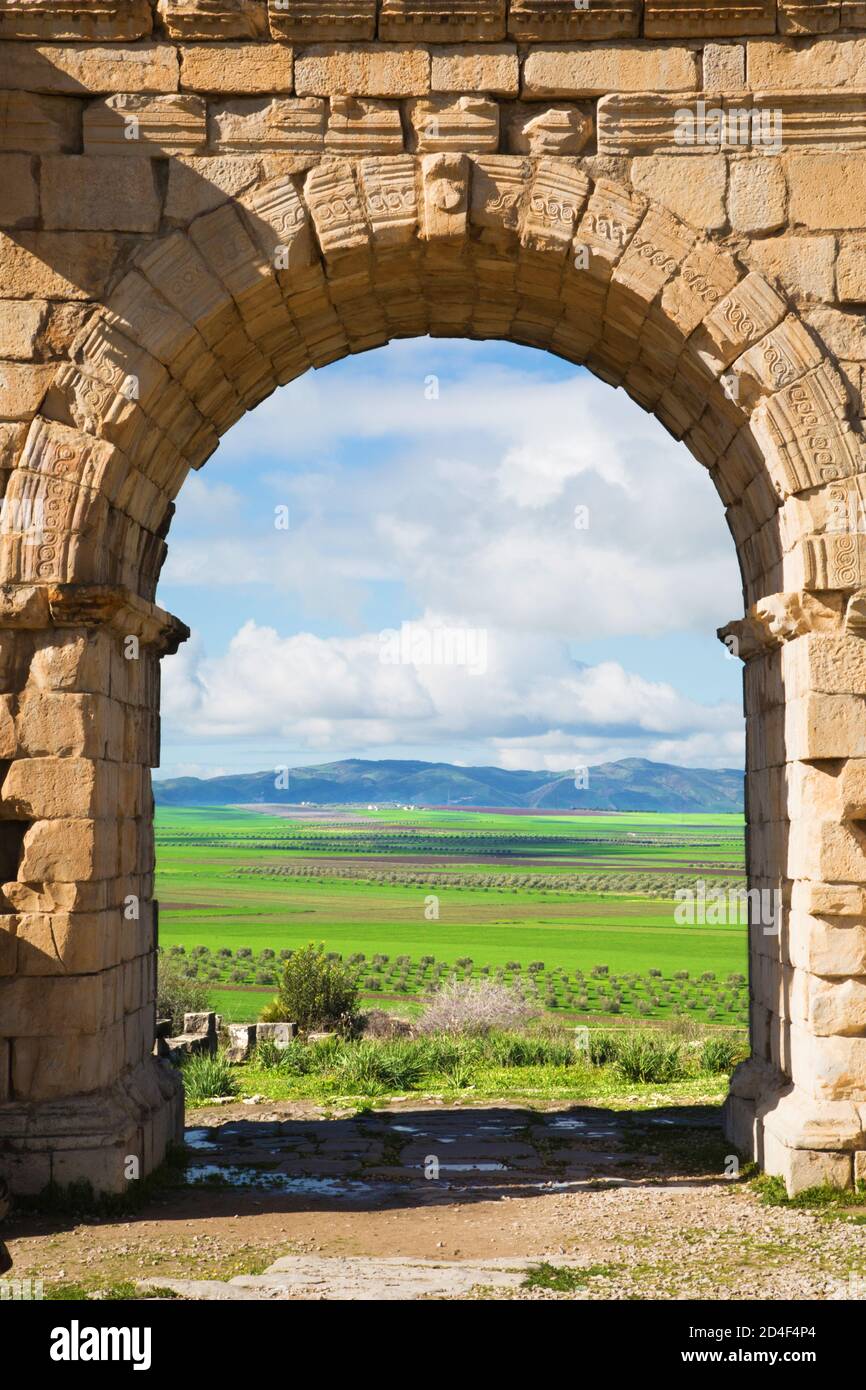 Arc at Volubilis, ancient roman city in Morocco. Through it is visible ...