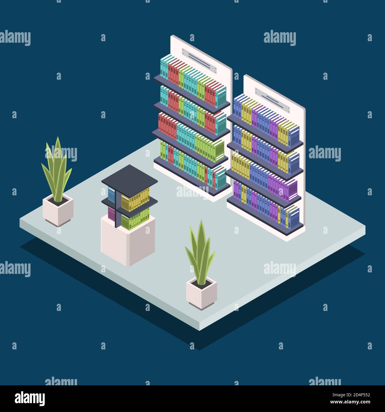 Modern library bookshelf isometric color vector illustration Stock ...