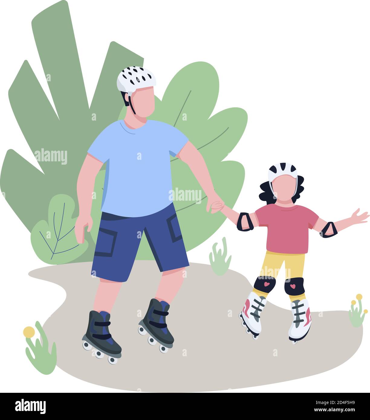 Father and child roller skating flat color vector faceless characters ...
