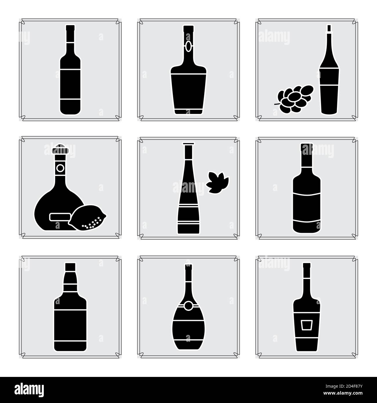 Vector illustration Set bottles of assorted alcoholic beverage. Liquor ...