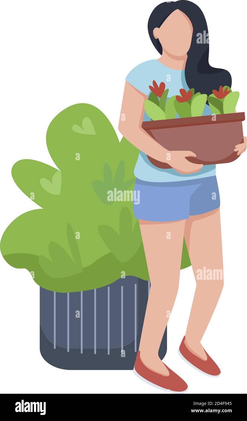 Young Woman With Flowers Female And Flowerbed Flat Color Vector