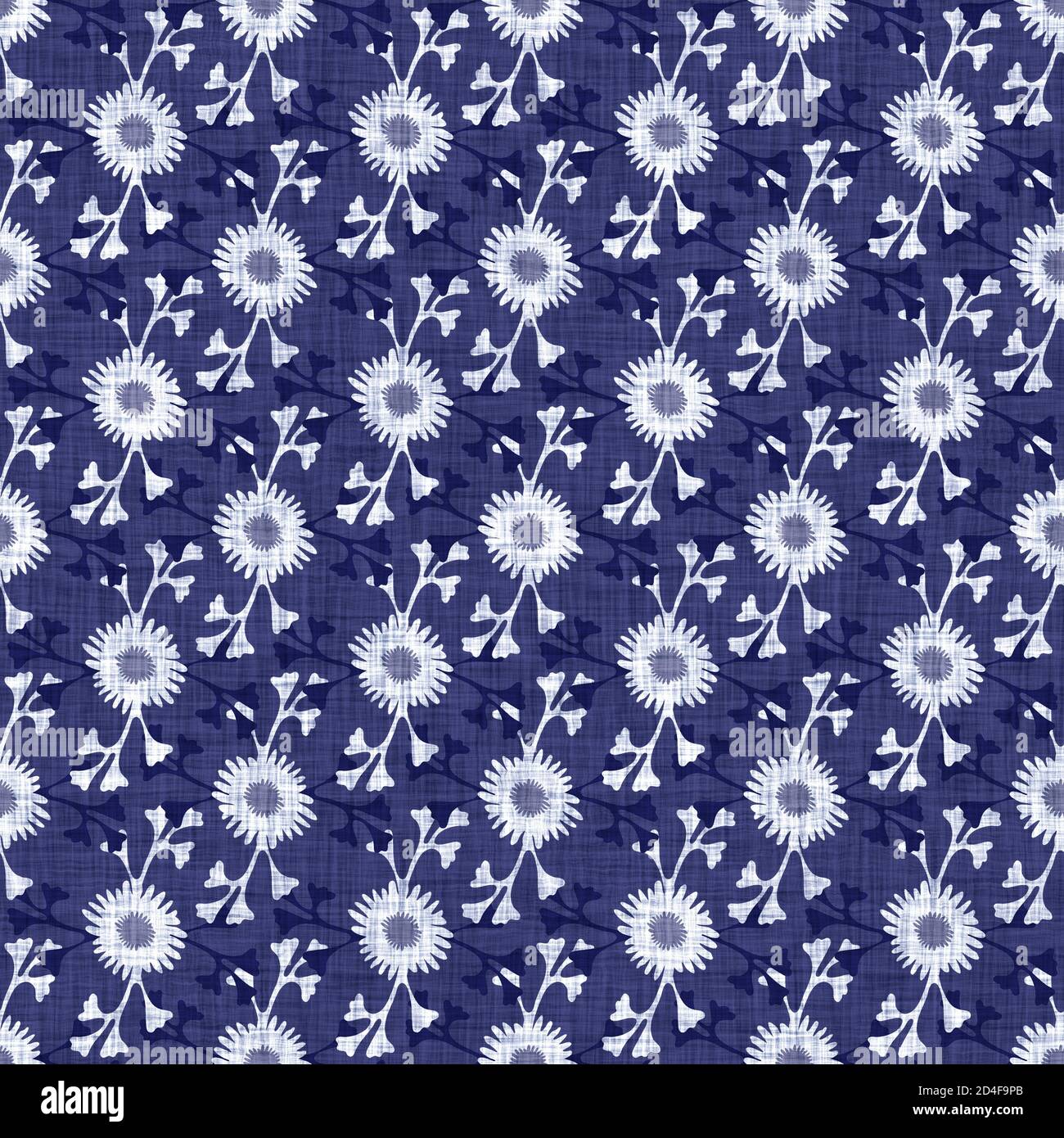 Indigo blue flower block print dyed linen texture background. Seamless ...