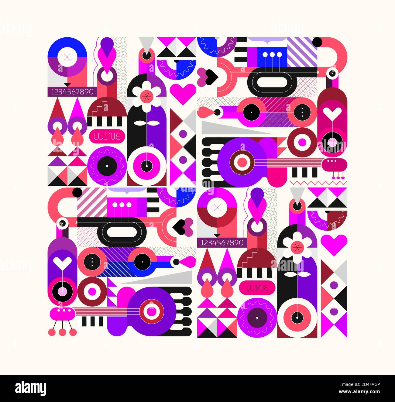 Abstract art design of wine bottles and music instruments isolated on a ...