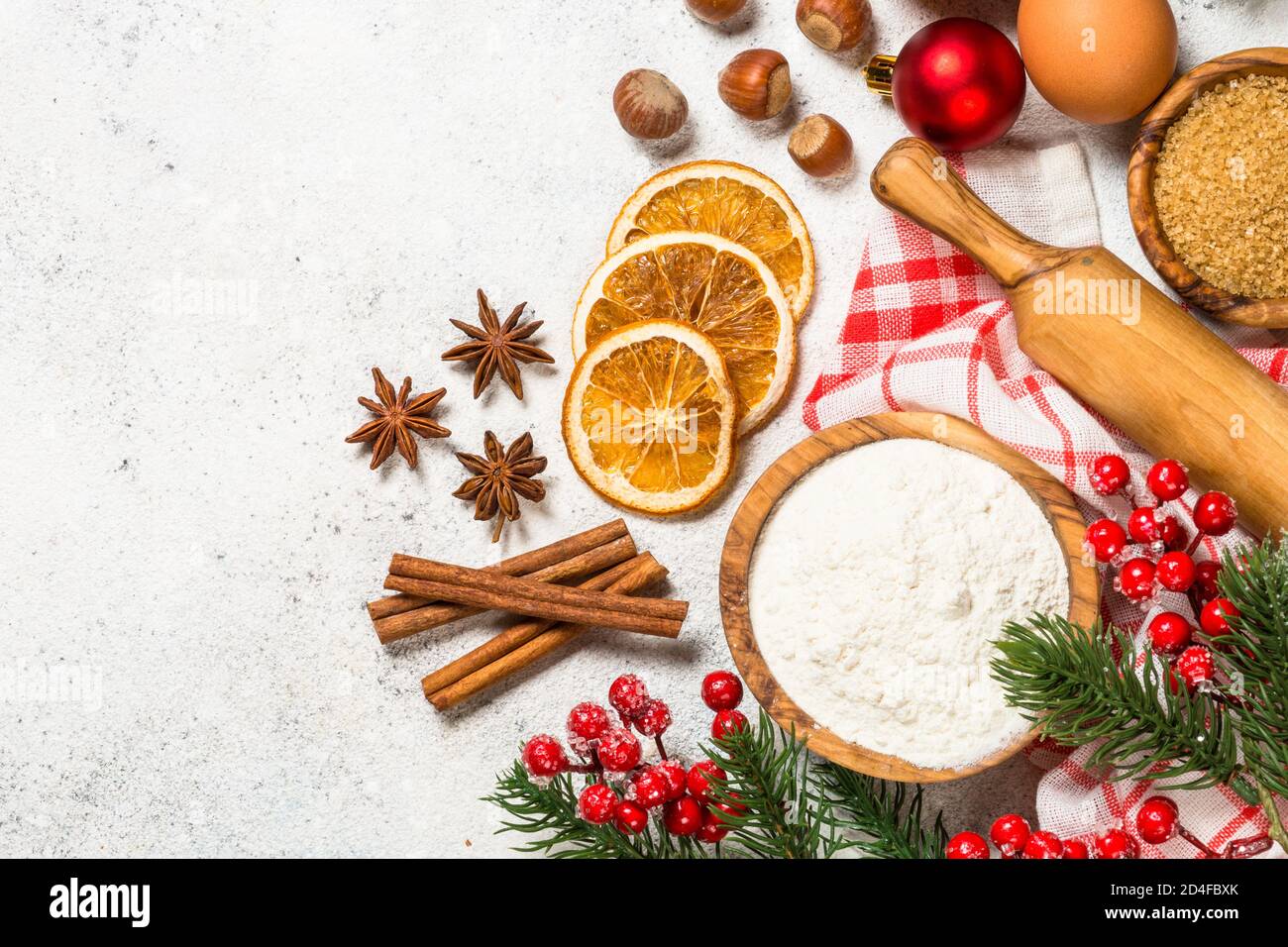 Christmas baking background on white table Stock Photo - Alamy
