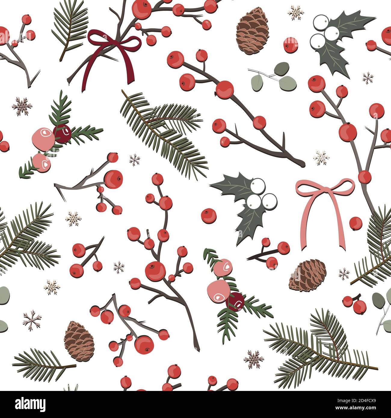 Cute winter seamless white pattern with berries, leaves and snowflakes ...