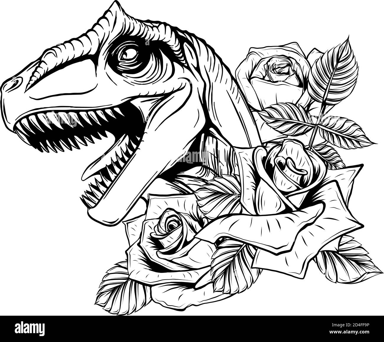 dinosaur and roses frame. vector design. Concept art drawing Stock ...