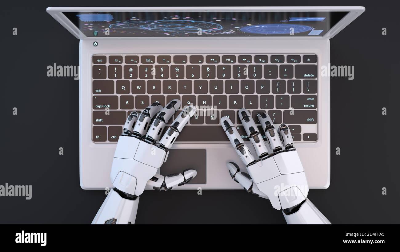 Robot's hands typing on laptops. 3D illustration Stock Photo - Alamy