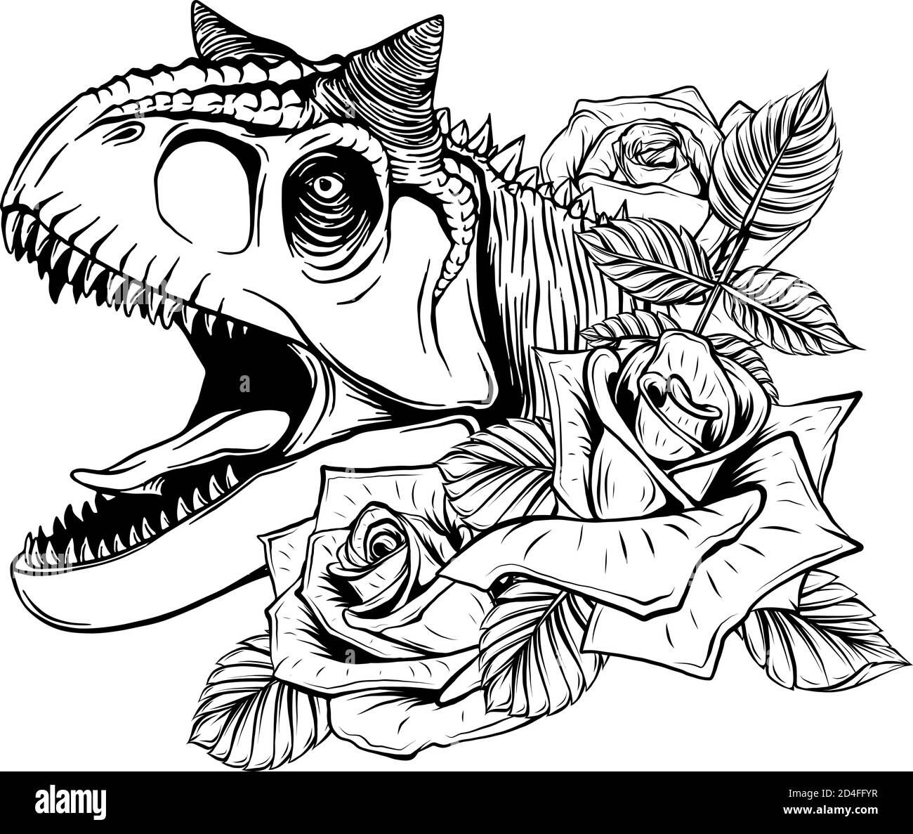 dinosaur and roses frame. vector design. Concept art drawing Stock ...