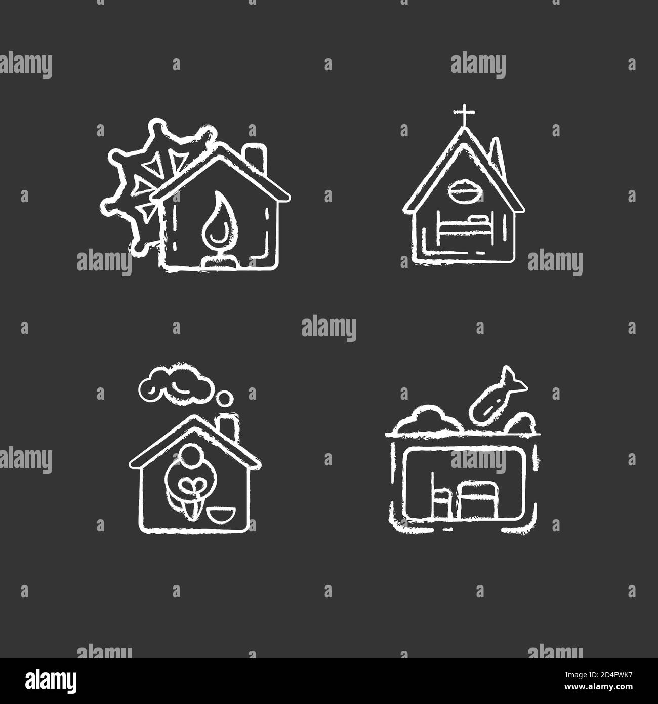 Temporary supportive housing chalk white icons set on black background ...