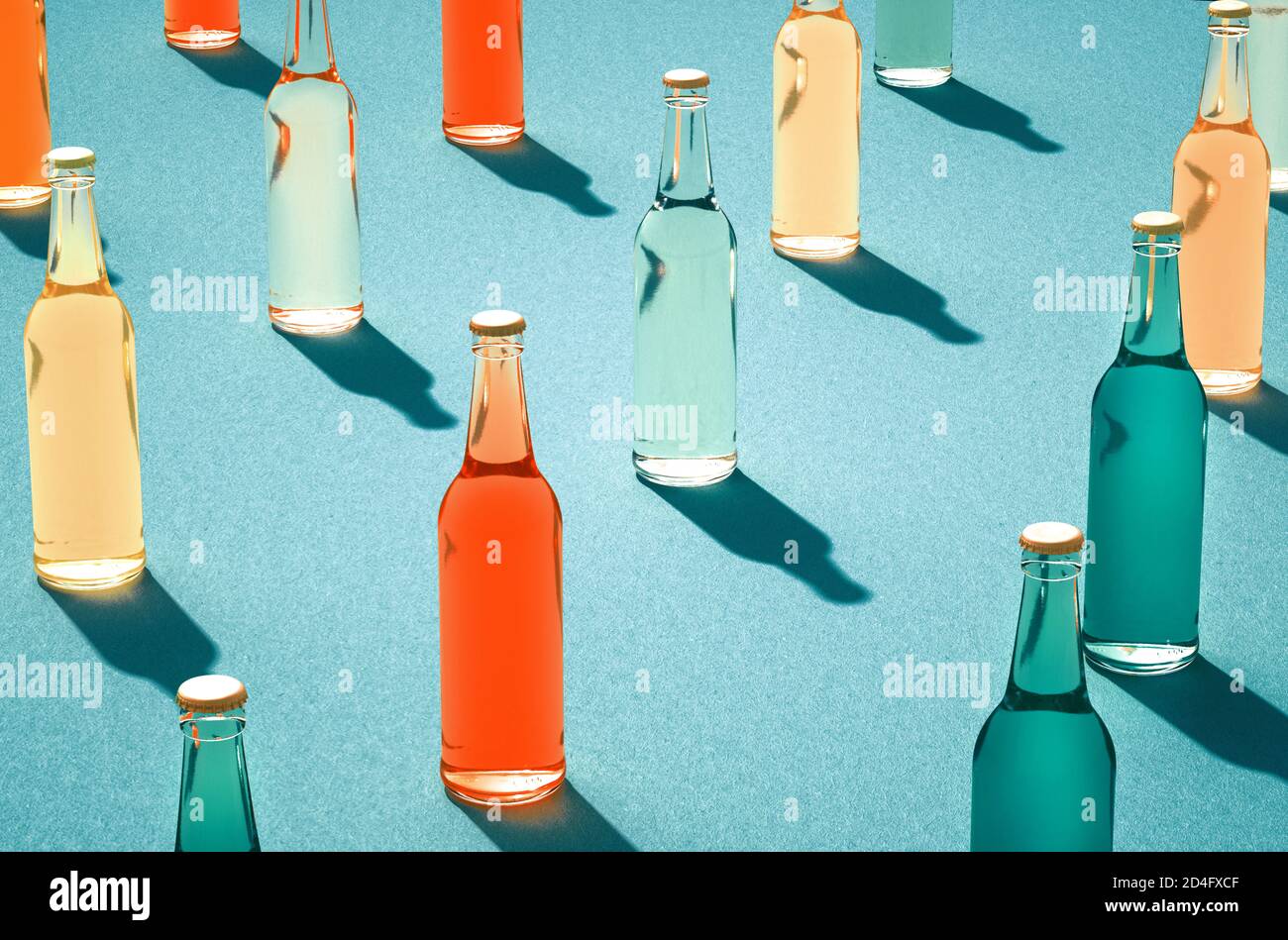 Various color glass bottles with shadows on blue surface. 3d models of ...