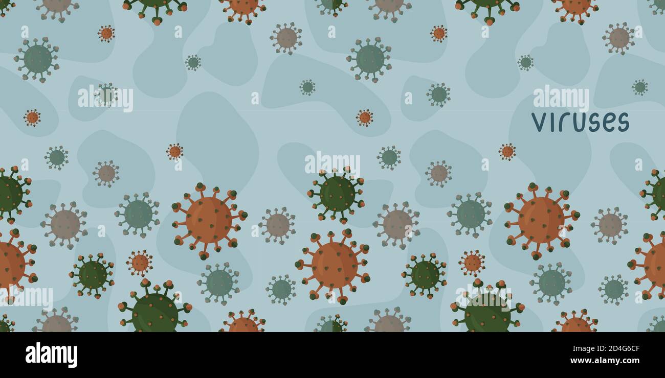 Blue vertical seamless border-pattern with orange and green viruses ...